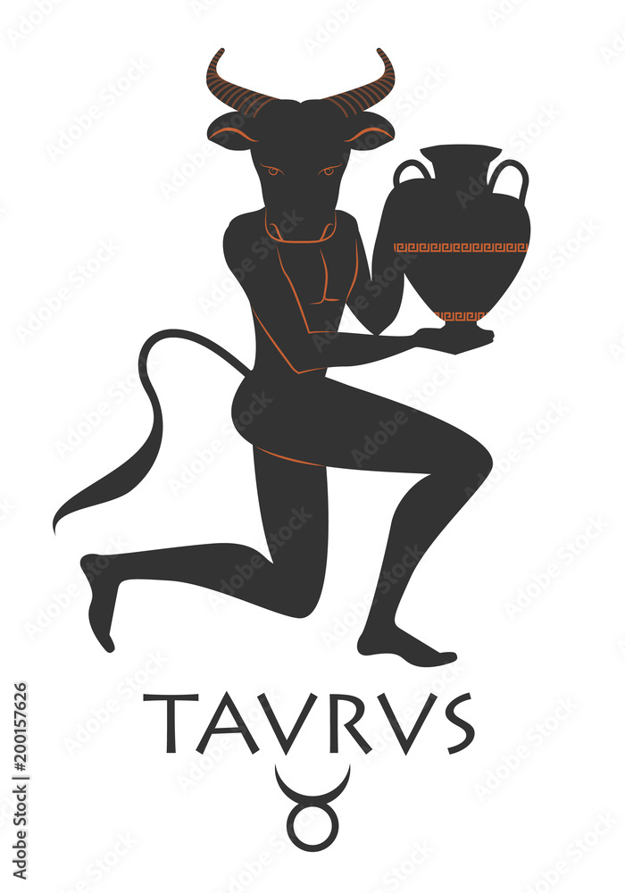 Zodiac in the style of Ancient Greece. Taurus. Black figure of man with ...