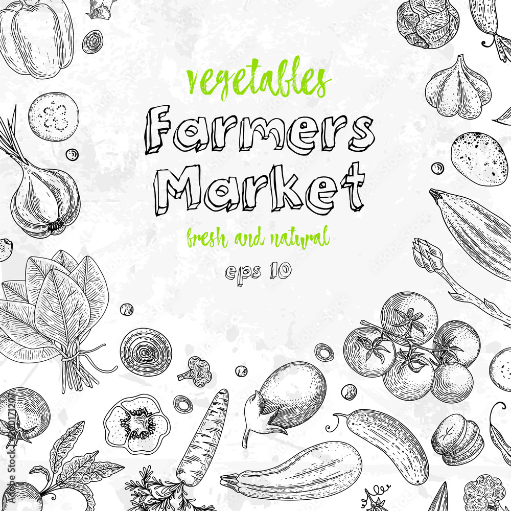 Vegetable vector composition with cucumber, tomato, pepper, eggplant ...