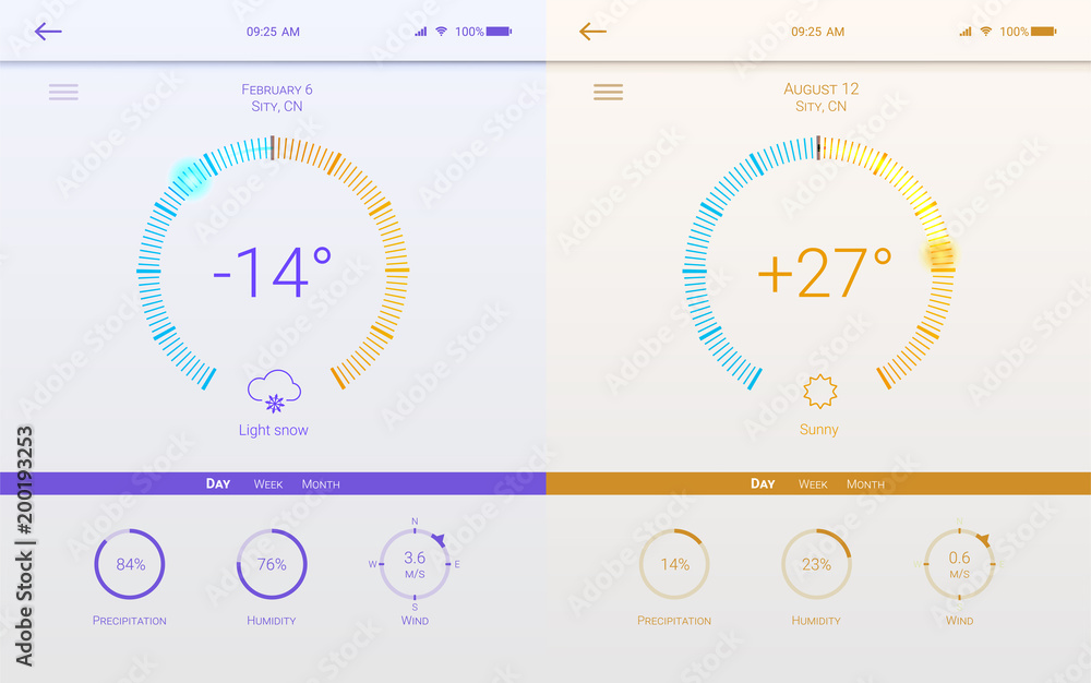 UI of page of weather for mobile app. Template of Winter and Summer ...