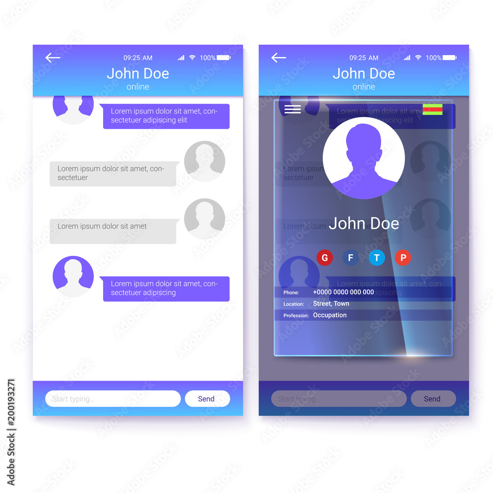 Profile page with glass background. UI of mobile app, set of layout GUI ...