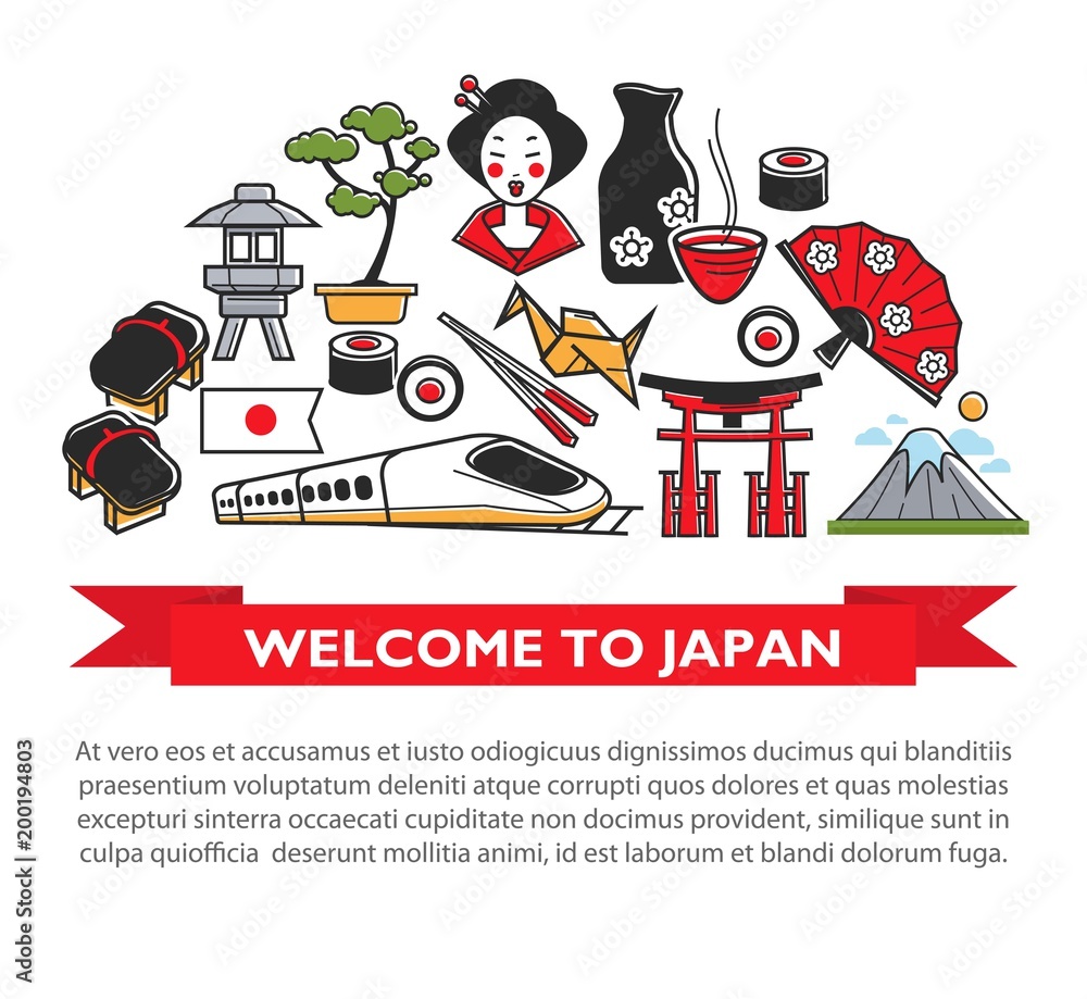 Welcome to Japan travel poster of Japanese culture famous sightseeing ...