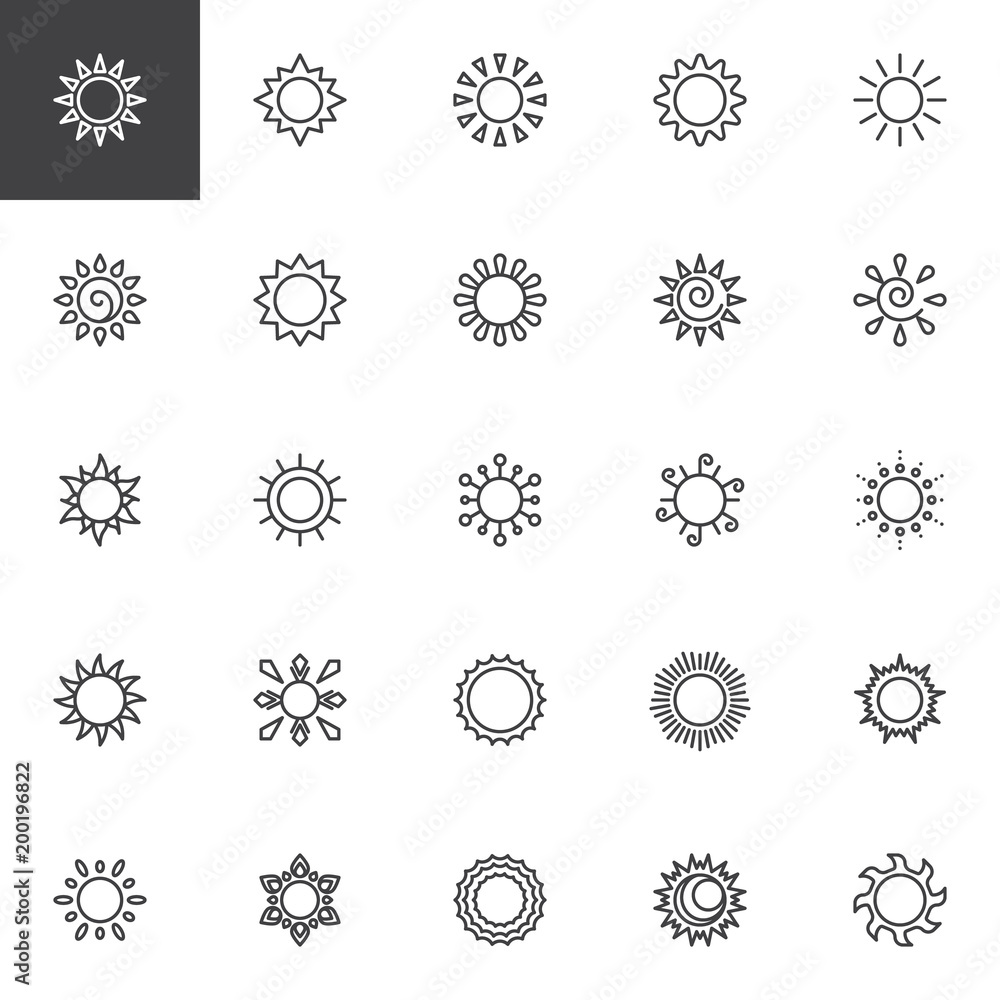 Sun outline icons set. linear style symbols collection, line signs pack ...