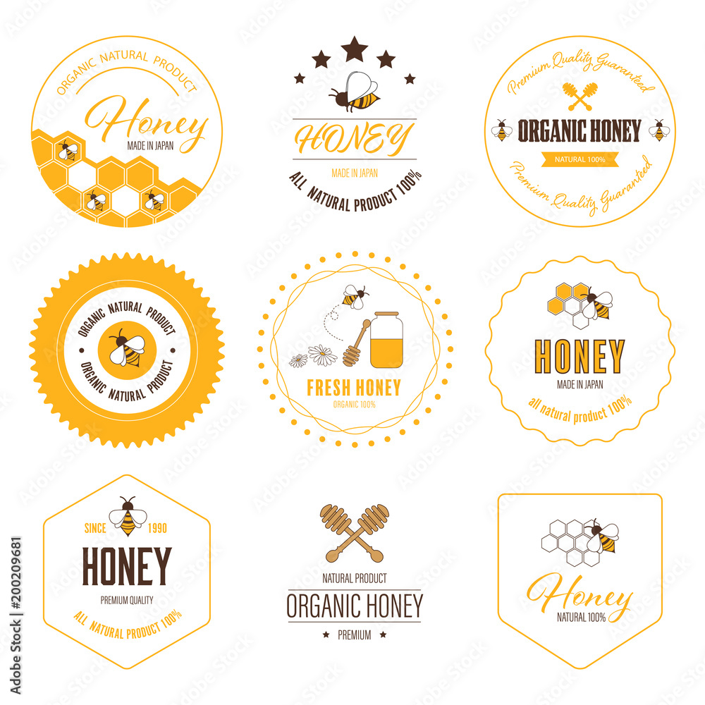 Honey bee label and sticker banner. Logo element natural product flat ...