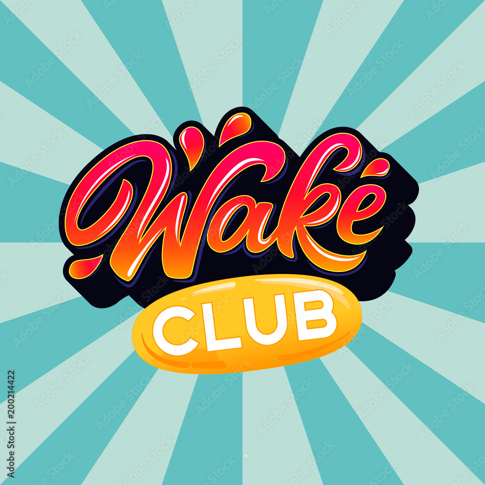 Wake club lettering logo in graffiti style on blue rays background ...