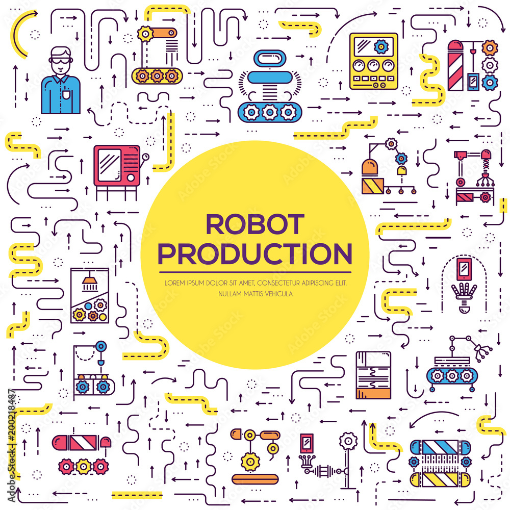People working on robots assembly line vector outline concept. Robotic ...