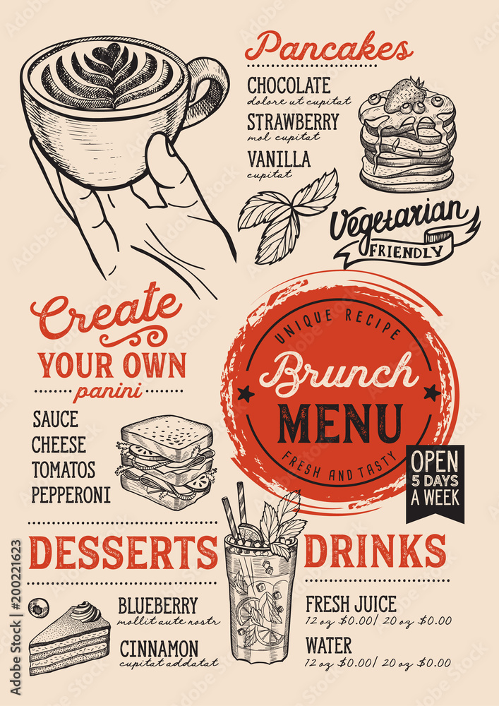 Brunch restaurant menu. Vector food flyer for bar and cafe. Design ...