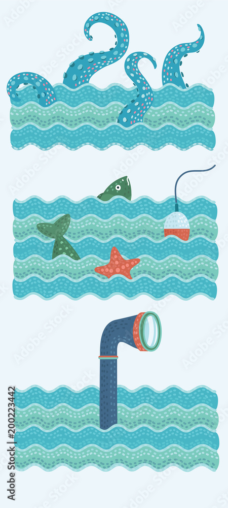 Vector set of illustrations of fishing trip, octopus tentacles, fish ...