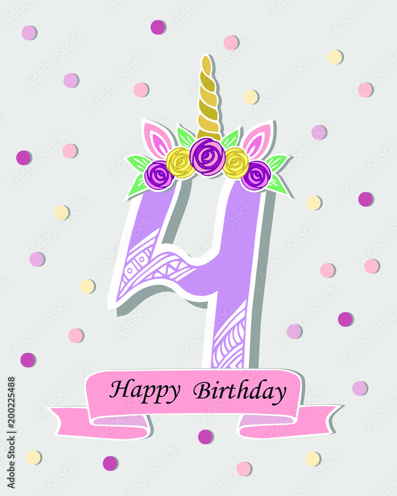 Vector illustration with number Four, Unicorn Horn, ears and flower ...
