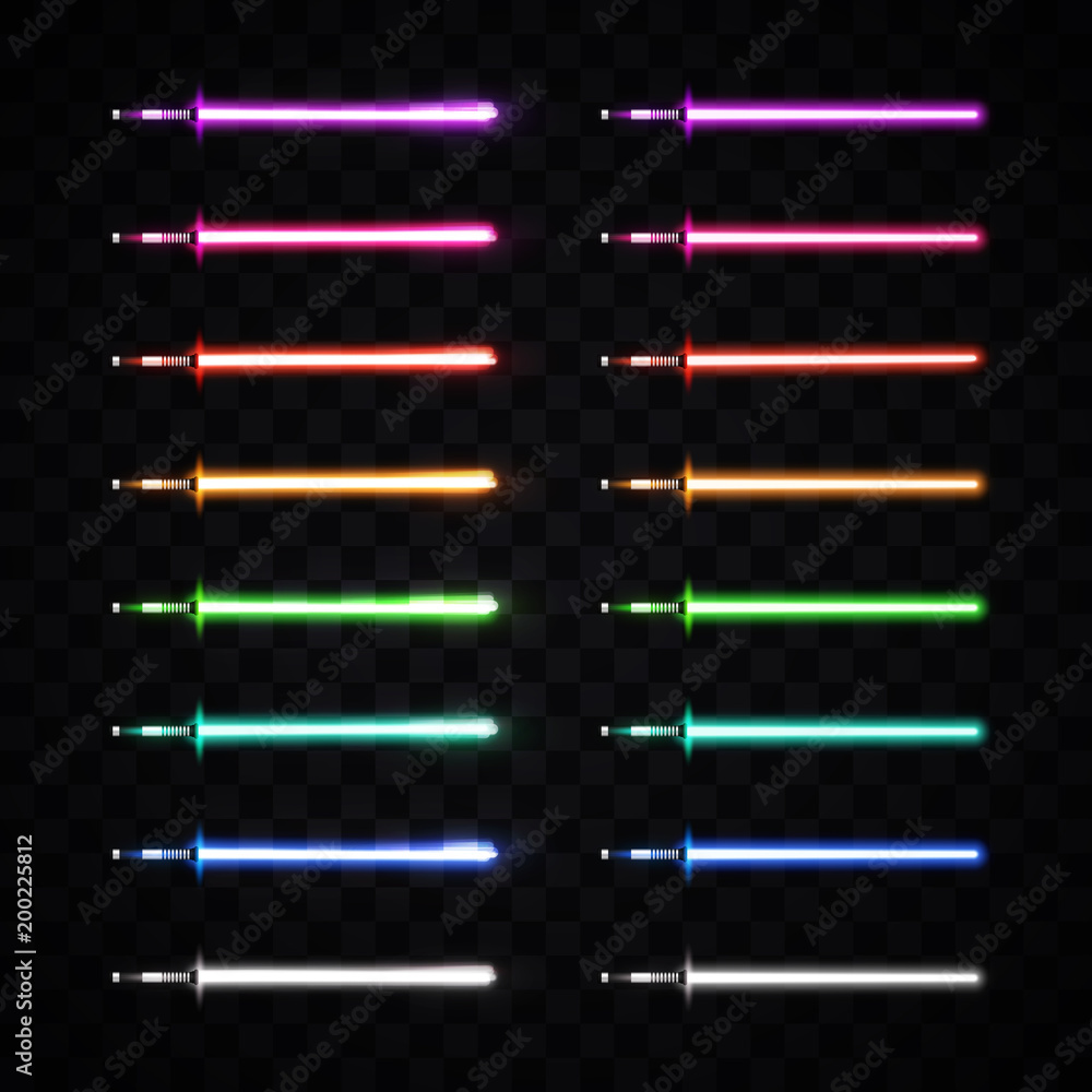 Neon light swords set. Colorful glowing sabers collection isolated on ...