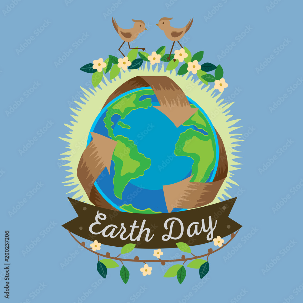 Earth day, recycle symbol around green planet, recycling concept blue ...