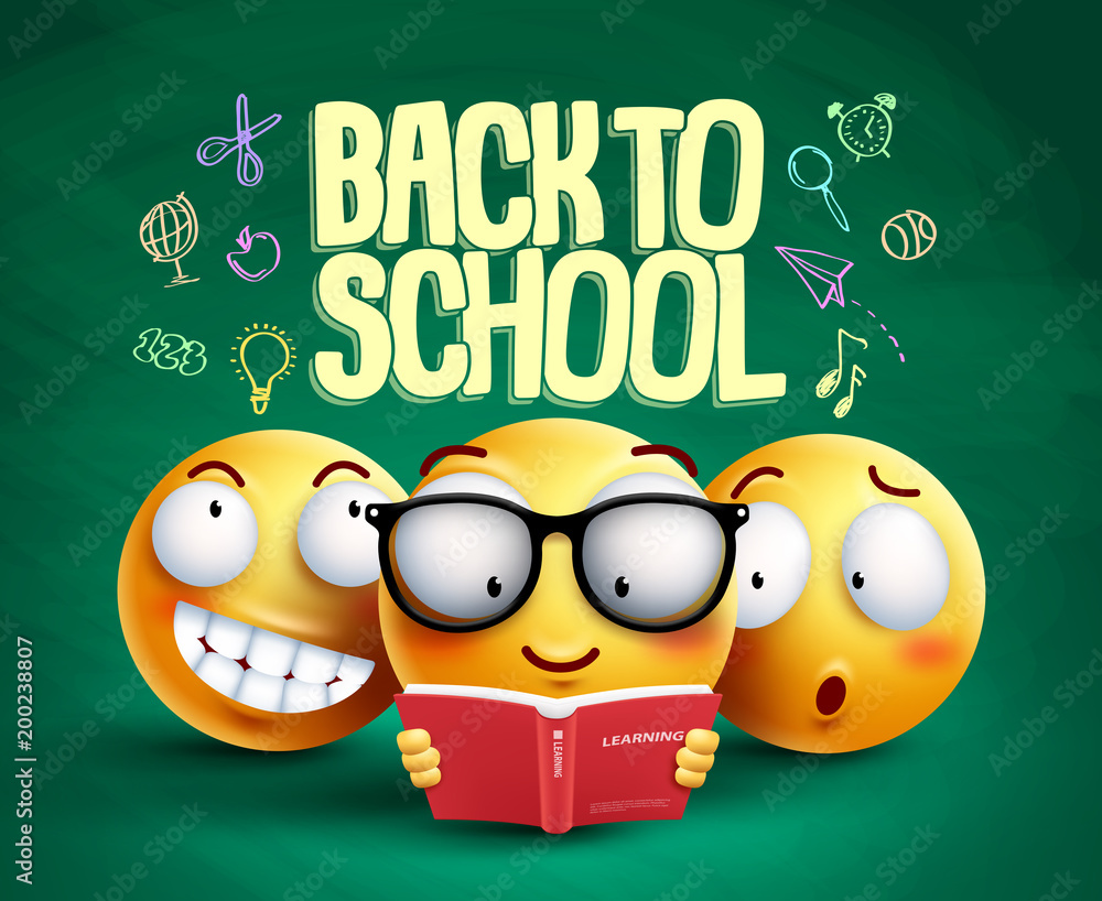Smiley characters and back to school text vector banner design with ...