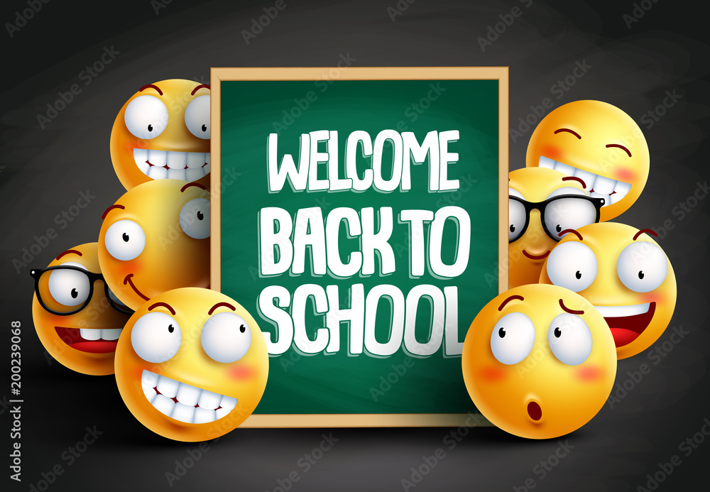 Smileys yellow emoticons in welcome back to school vector design with ...