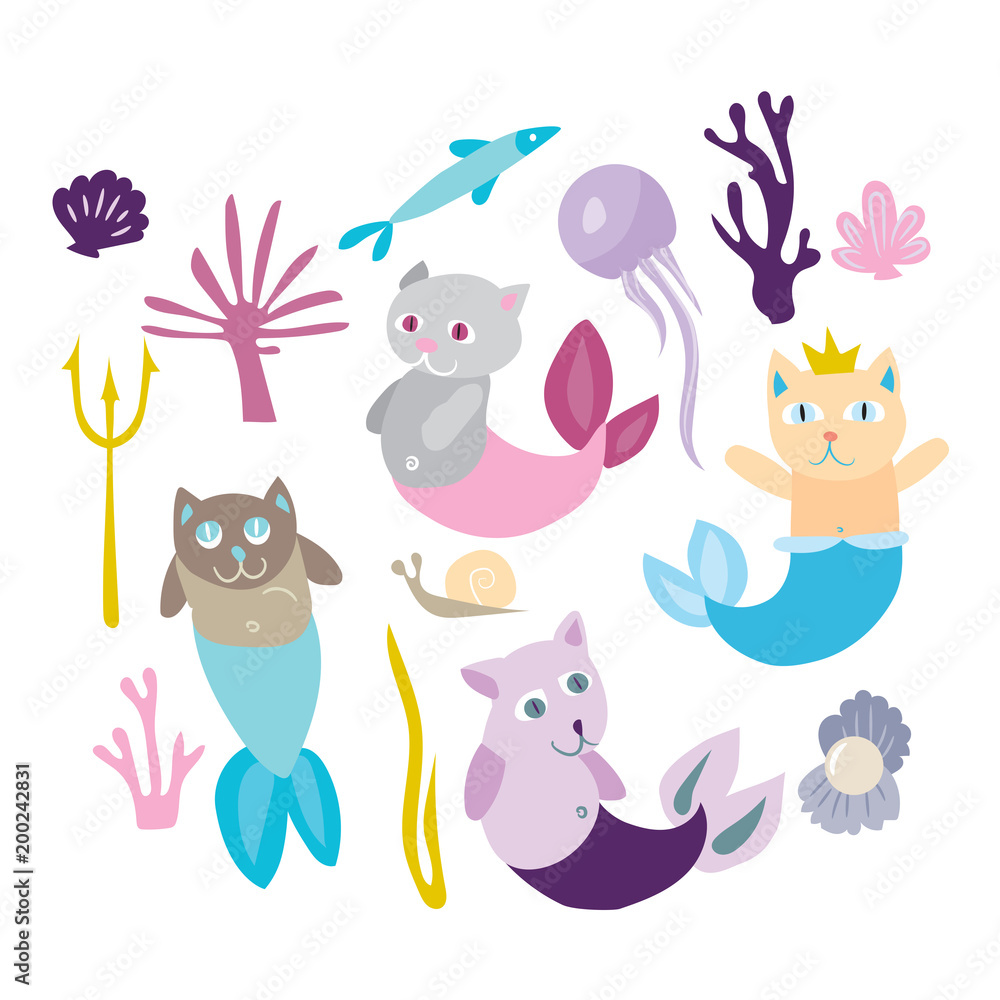 Little mermaid kitten collection. Kitty cat with sirenes fish tale ...