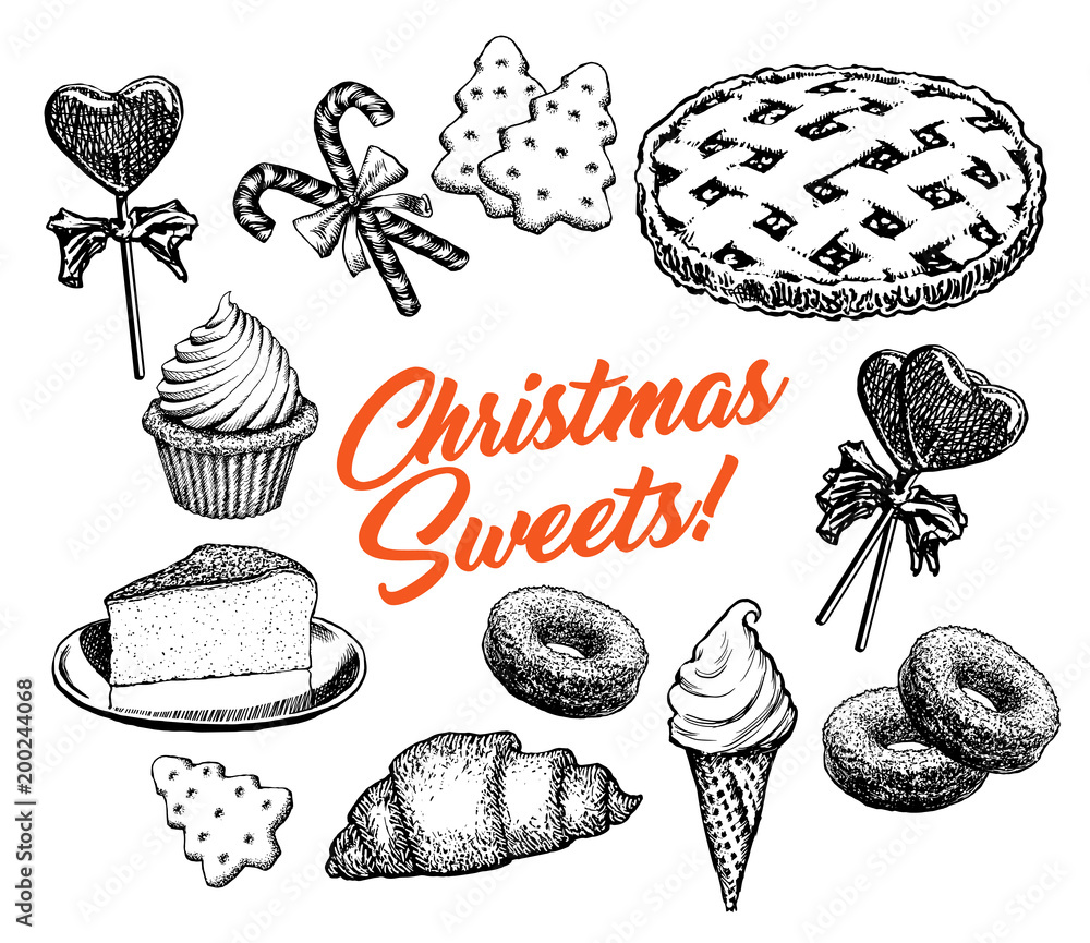 Christmas Sweets Collection Of Vintage Sketch. Holiday Cakes, Pies ...