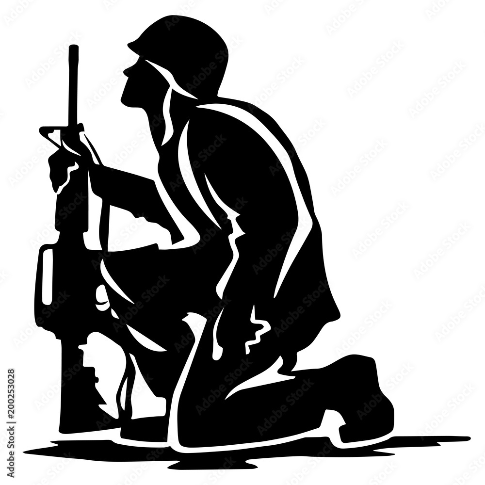 Kneeling soldier looking upward holding rifle, solemn feeling ...