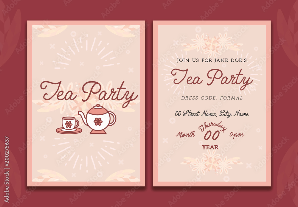 Tea Party Invitation Card Layout Stock Template | Adobe Stock