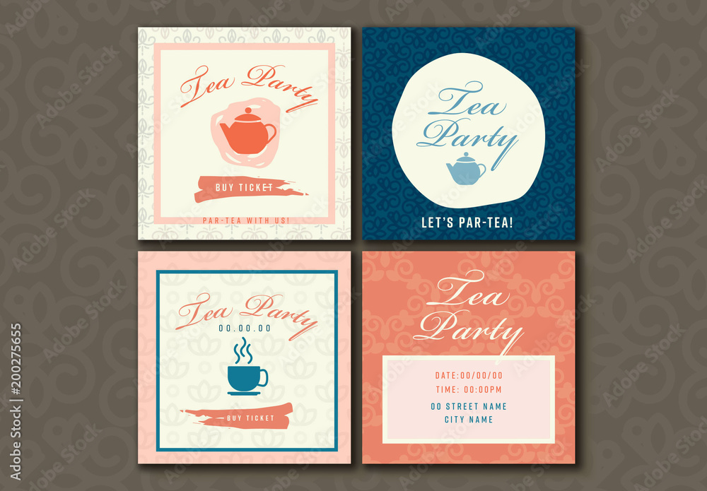 4 Tea Party Social Media Post Layouts Stock Template | Adobe Stock