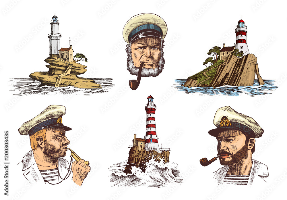 Portrait of a sea captain. Marine old sailor and Lighthouse. Bluejacket ...