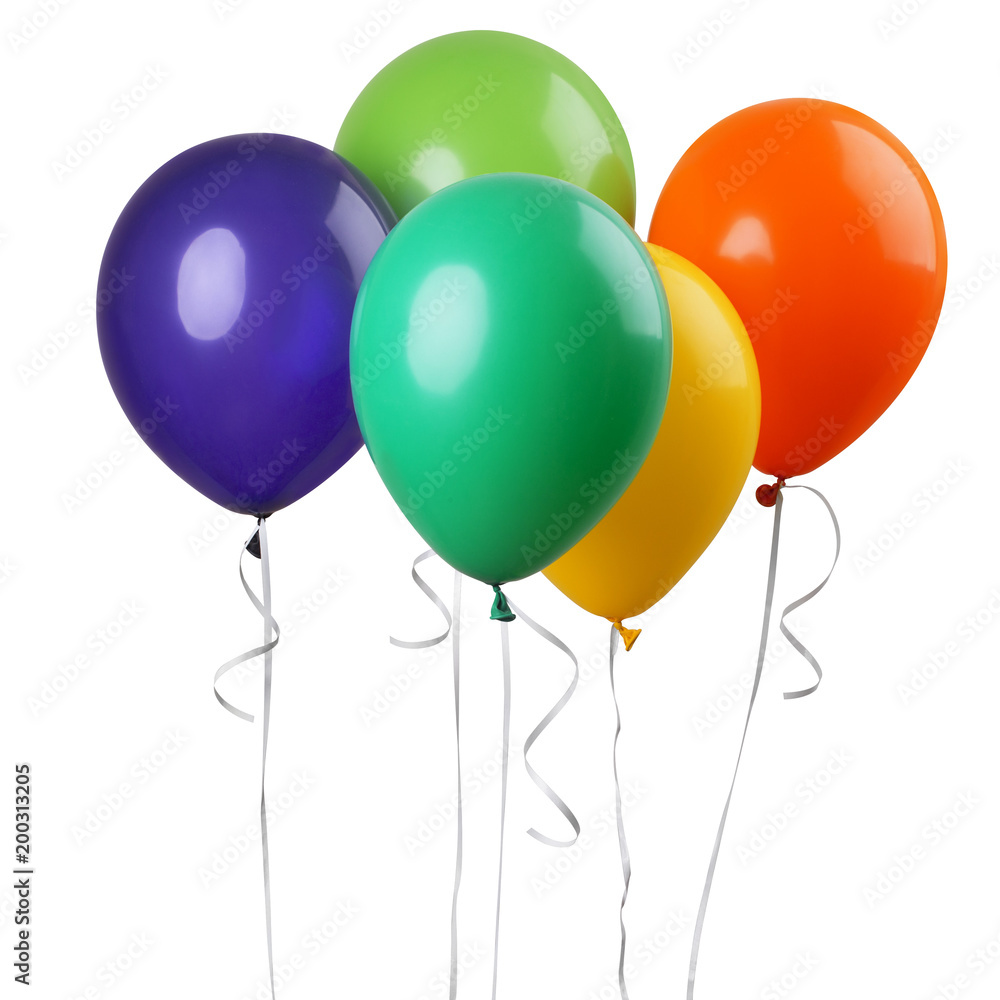 Five balloons isolated on a white background. Party decoration for celebrations and birthday ...