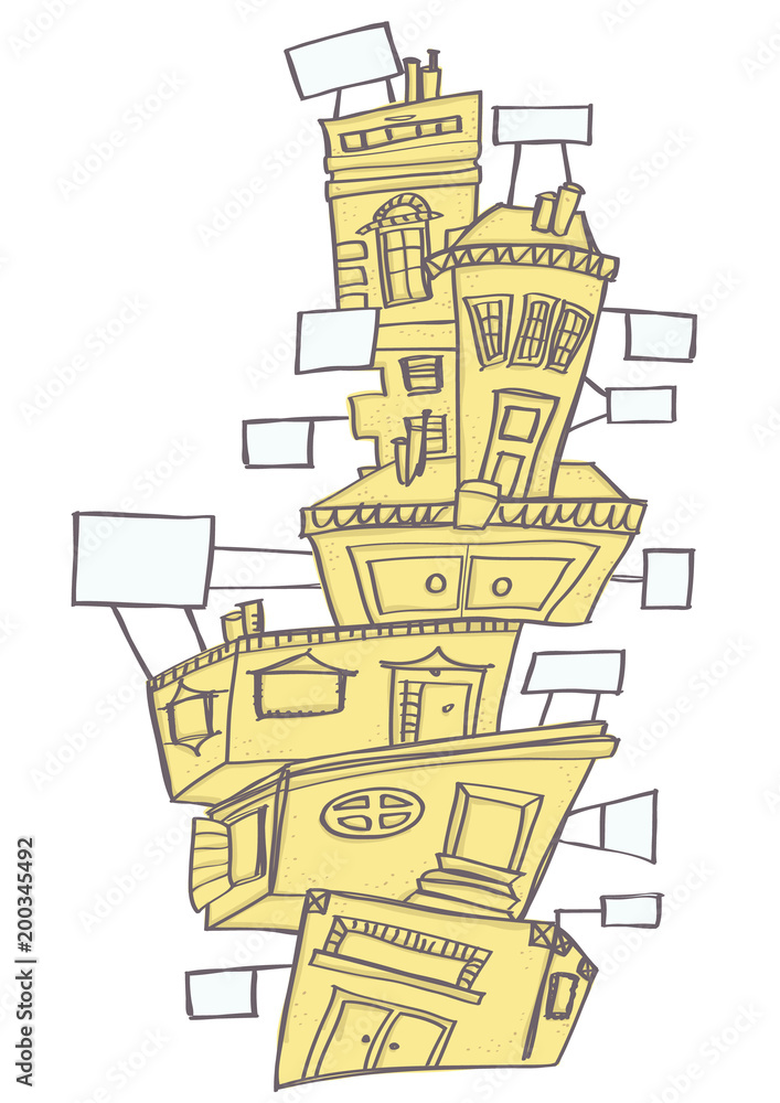Hand drawn style yellow vintage building with empty billboards ...