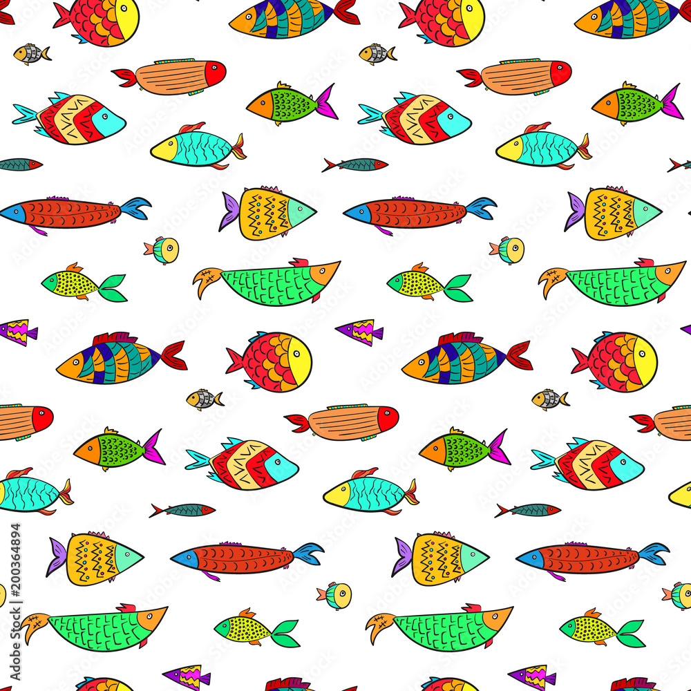 Cute colorful cartoon decorated fishes seamless pattern. Stylized ...