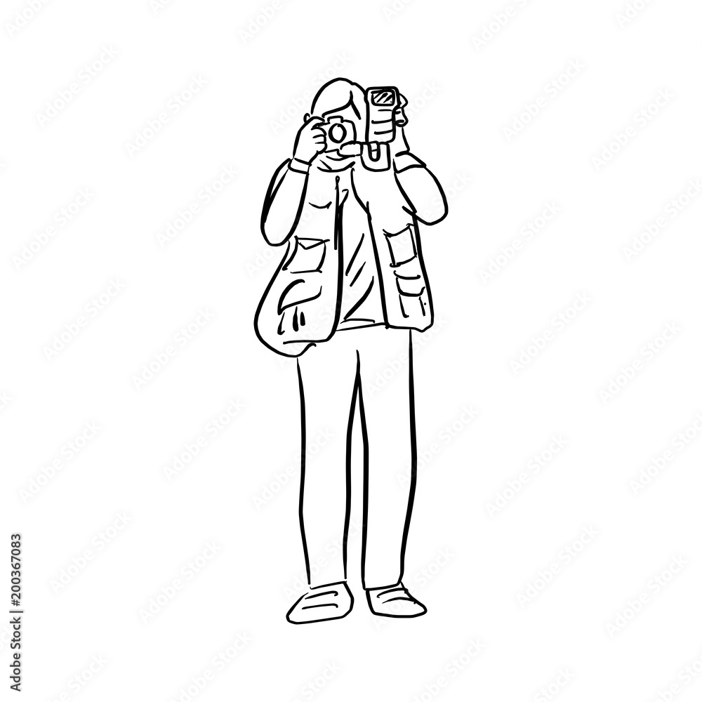 doodle photographer shooting photo with retro camera vector ...