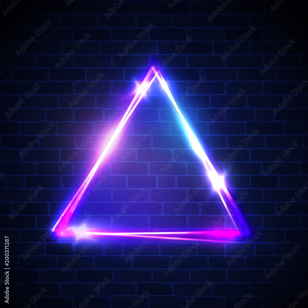 Night club neon light border on brick wall. Triangle background ...