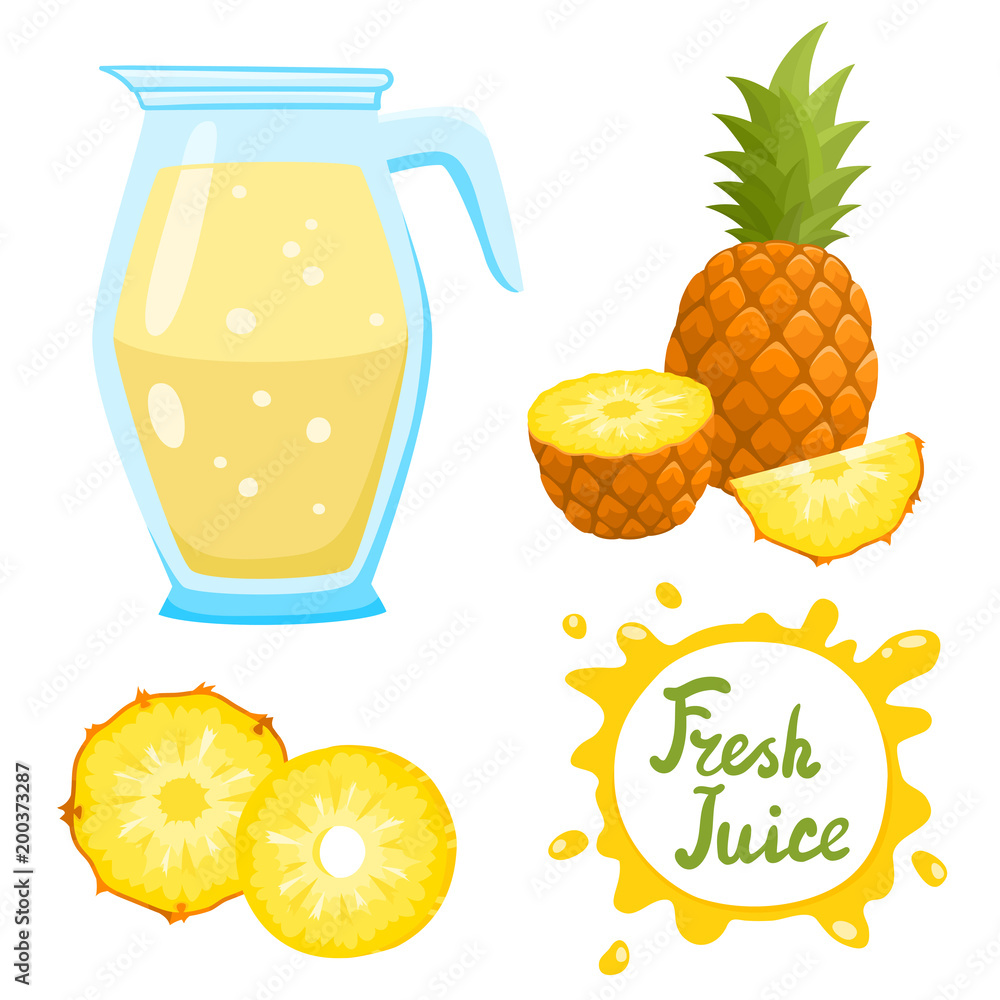 Vector set of pineapple juice and pineapple isolated on white Stock ...