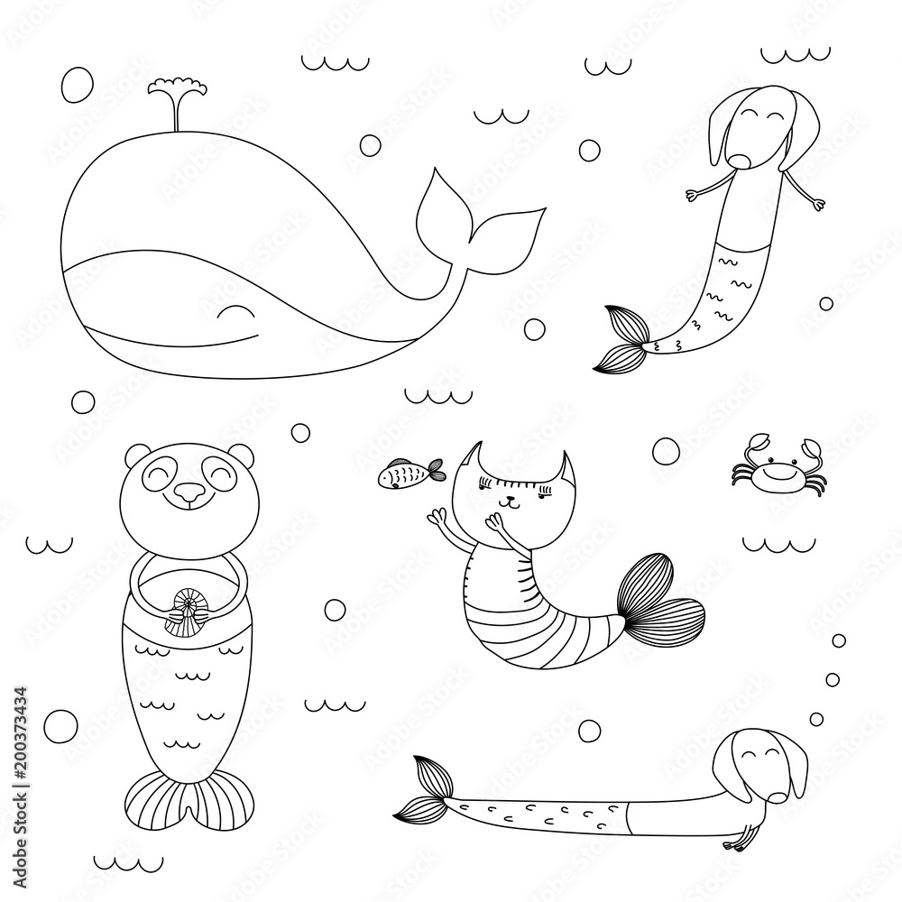 Hand drawn black and white vector illustration of cute whale, mermaid ...