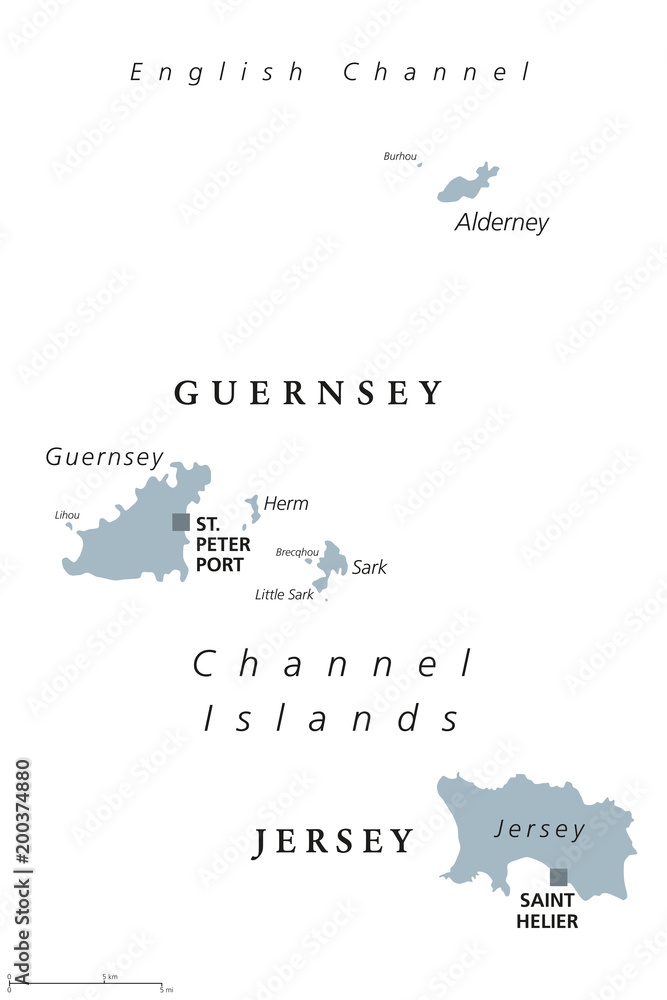 Guernsey and Jersey political map. Channel Islands. Crown dependencies ...