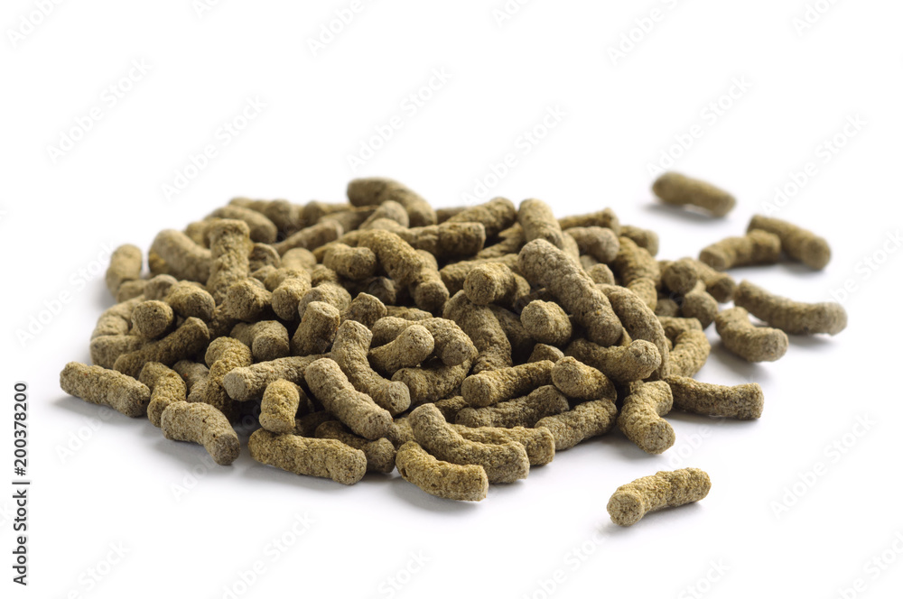Fish feed isolated on white background. Fish food in sticks for large ...