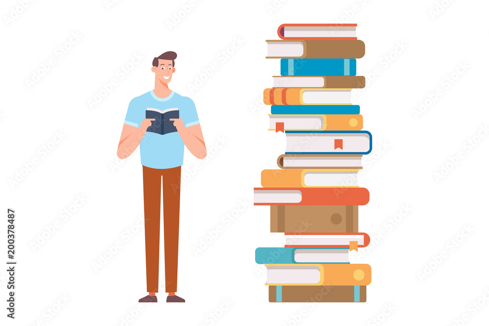 Man standing and reading a book. Cartoon flat vector illustration ...