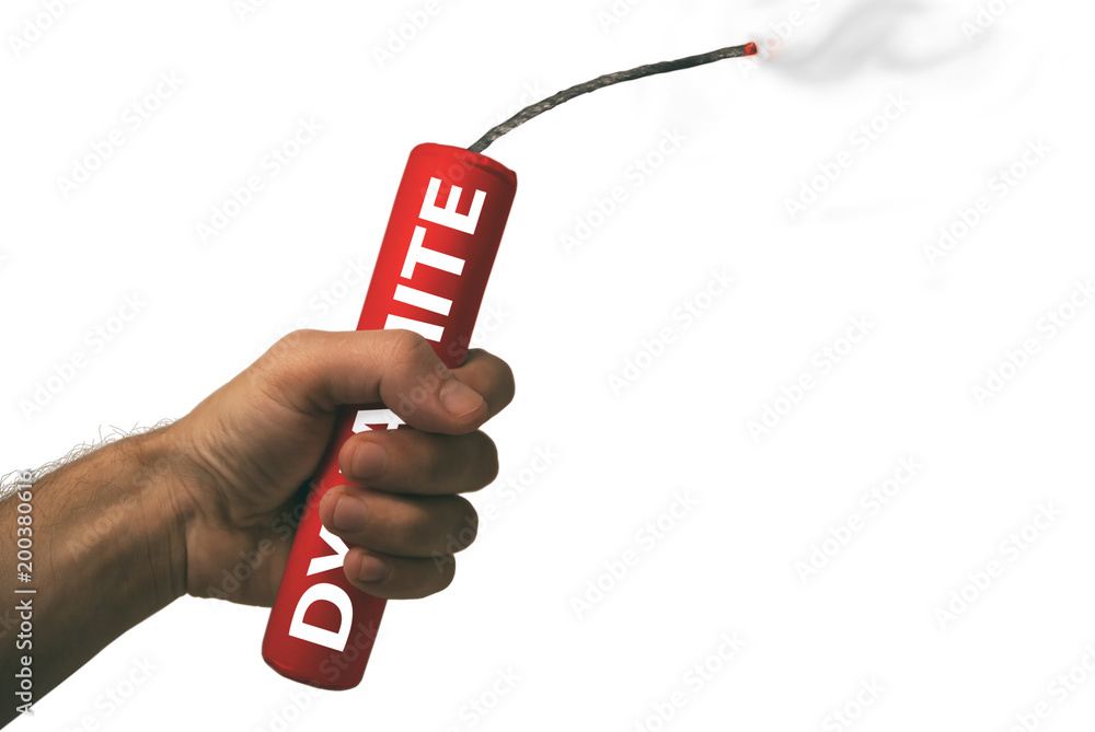 Red burning dynamite in the man's hand fist on isolated white ...