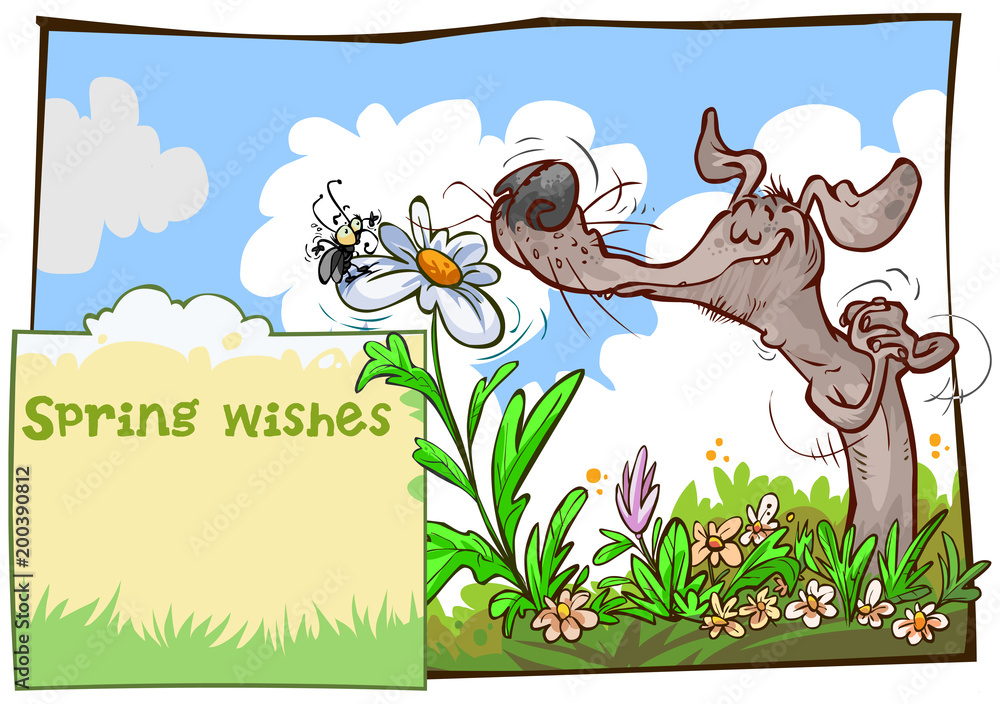 Spring cartoon illustration with dog. All in separate layers for easy ...
