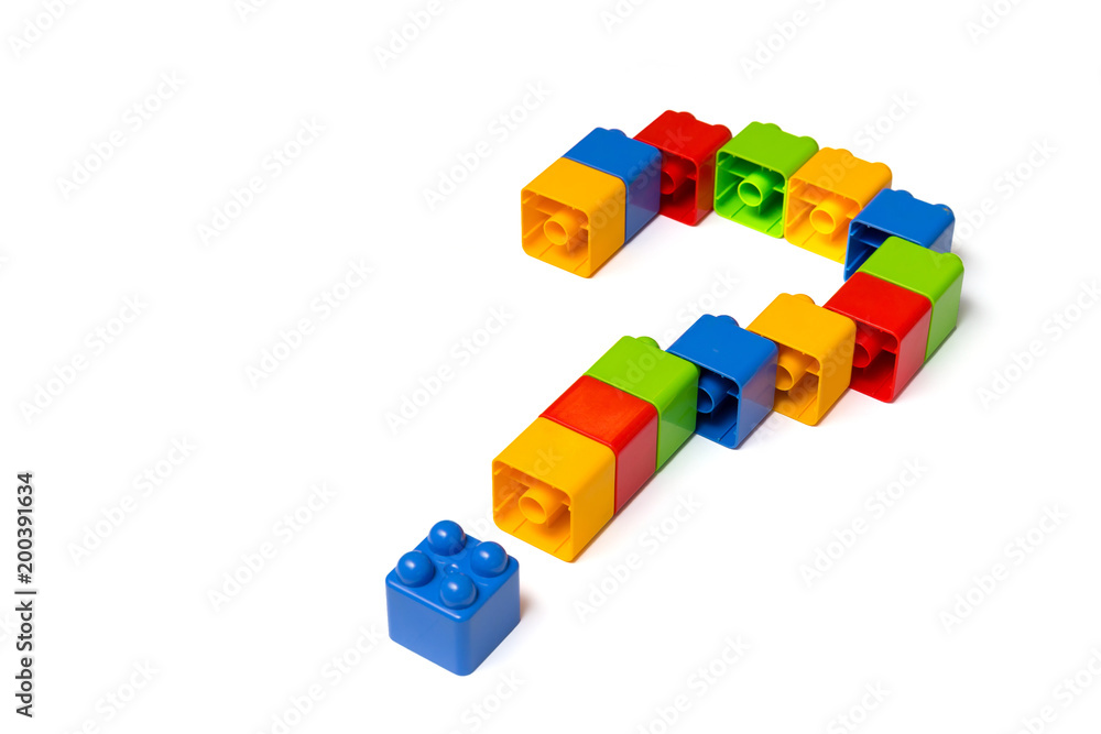 Question mark made of colorful plastic toy bricks, isolated on white ...