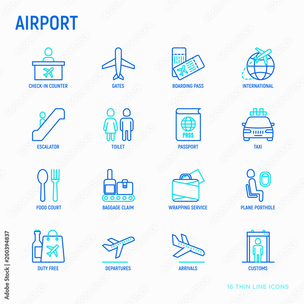 Airport thin line icons set: check-in counter, gates, boarding pass ...