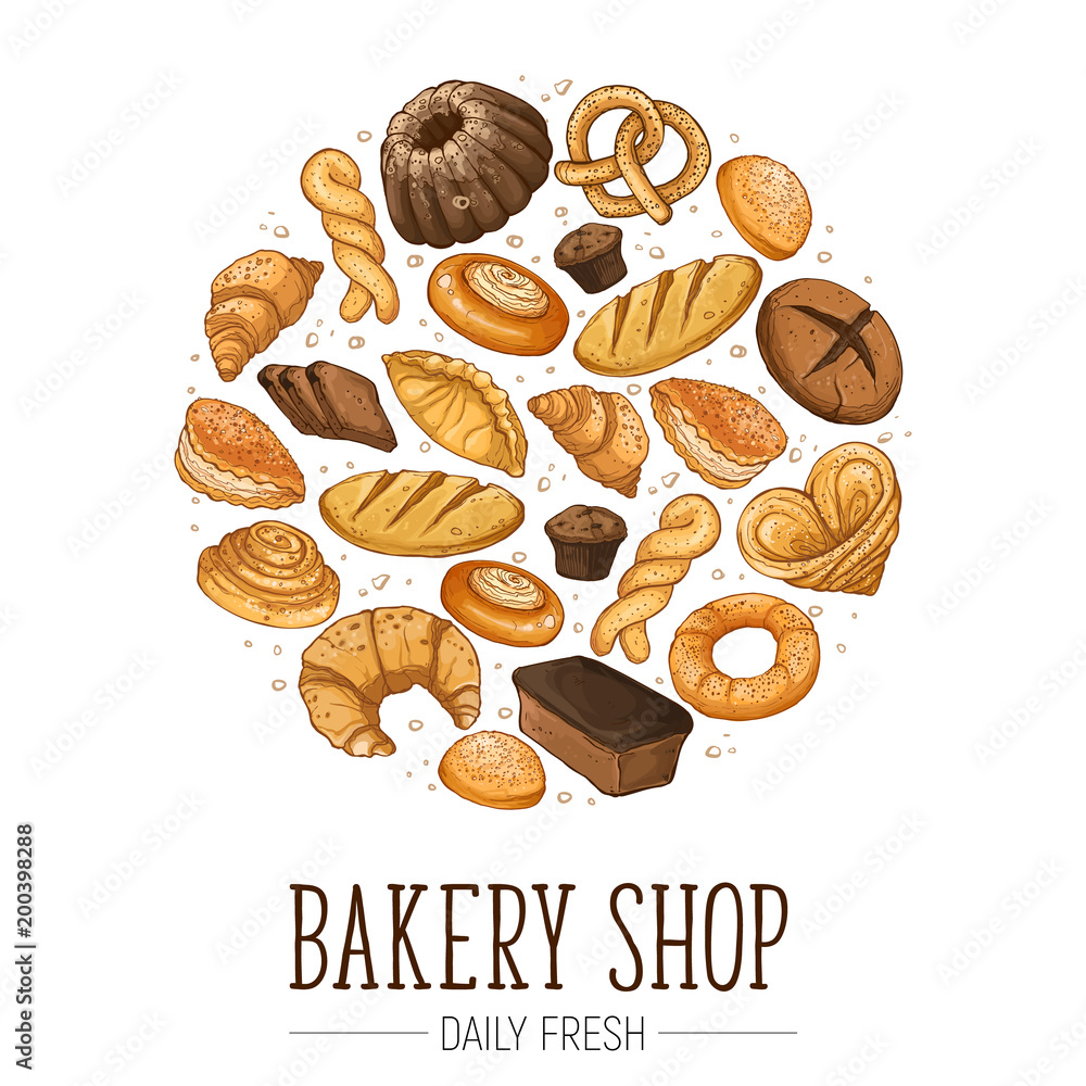 Circle shape composition from hand drawn bread in sketch style. Vector ...
