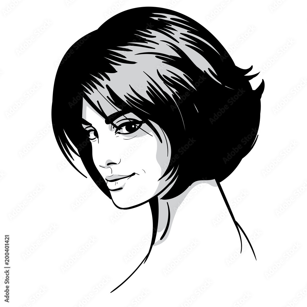 Beautiful woman portrait. Bob hairstyle. Black and white style ...
