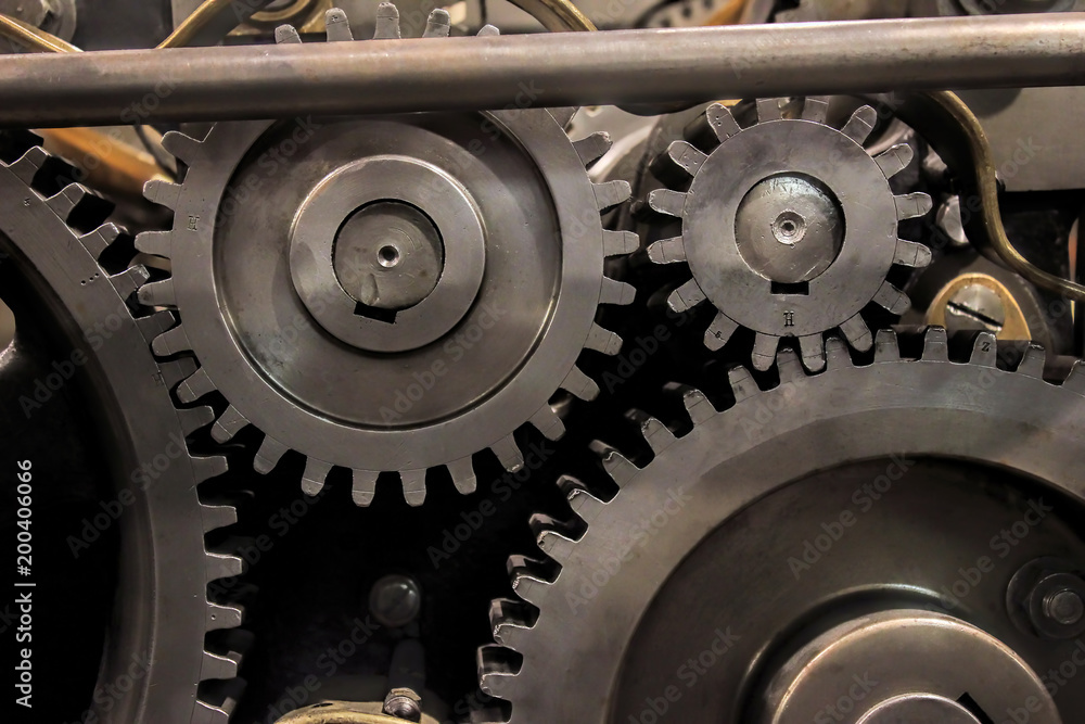 Vintage cogs gears wheels collection set. Mechanism parts macro view ...