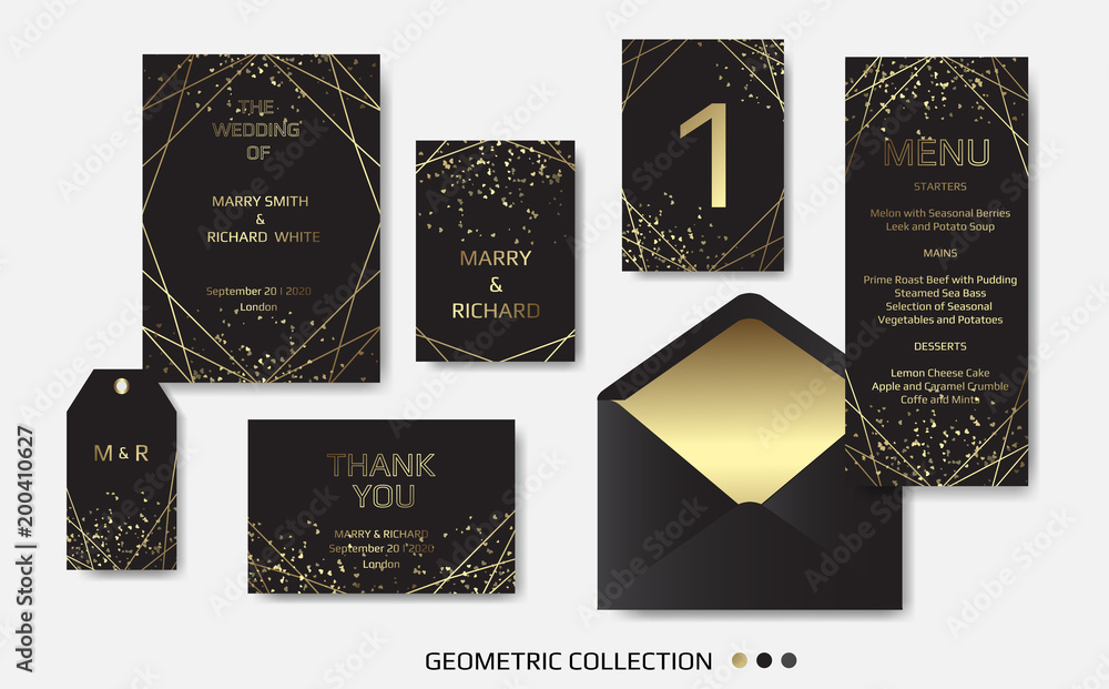 Wedding Invitation, invite card design with Geometrical art lines, gold ...