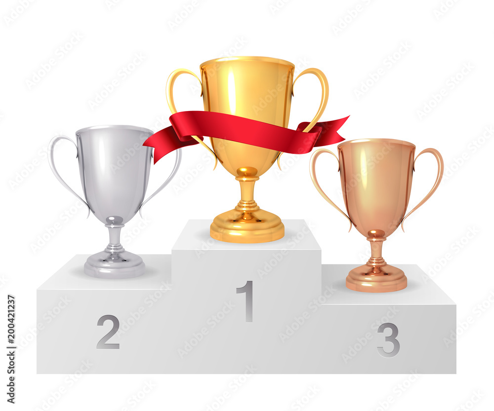 The winner's cups. White winners podium. Pedestal. Set of realistic ...
