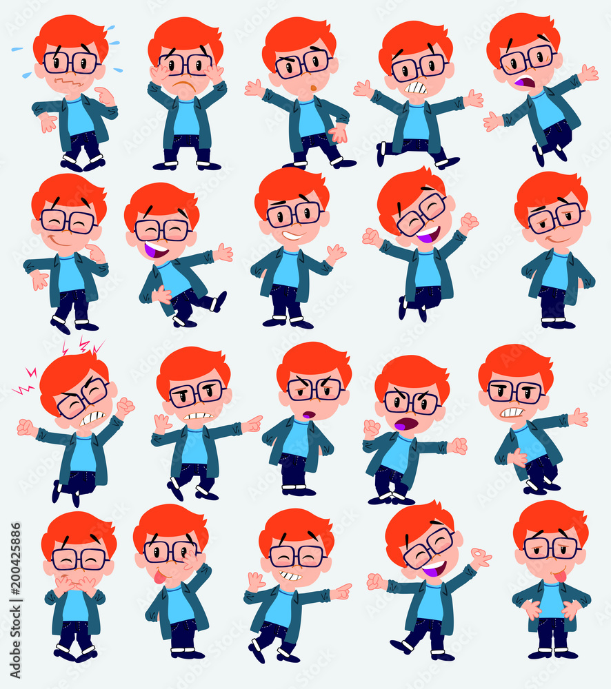 Cartoon character white boy with a glasses. Set with different postures ...