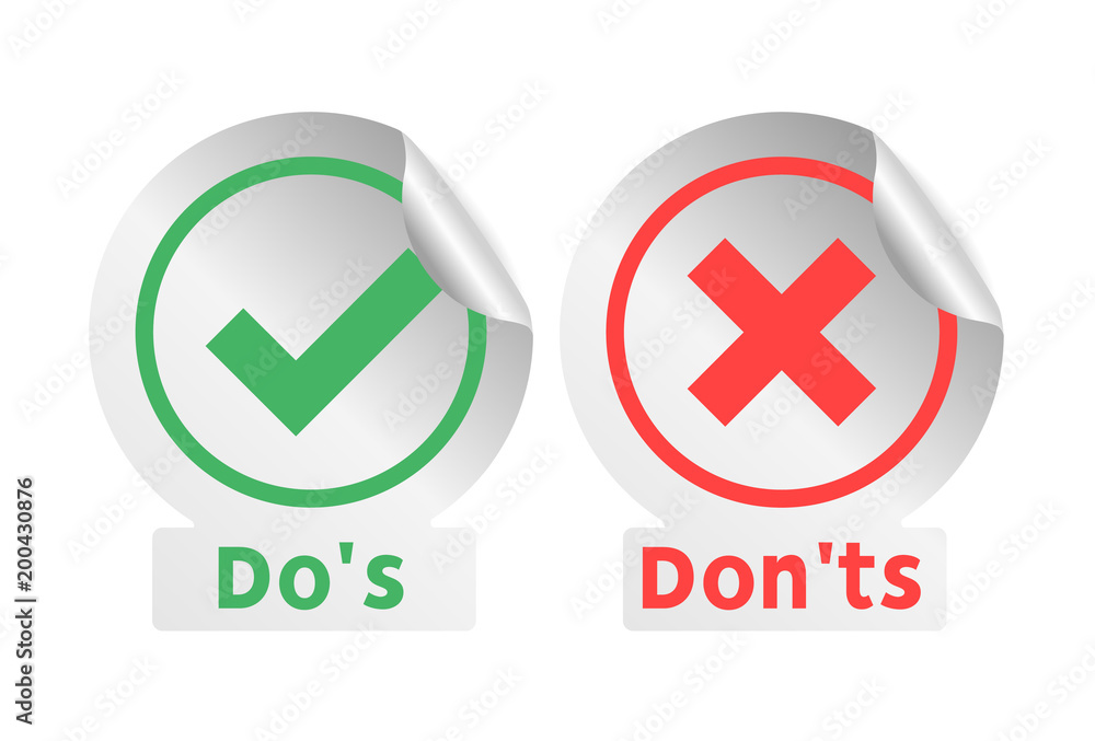 Vector round paper sticker with bent edge dos and donts like checklist ...