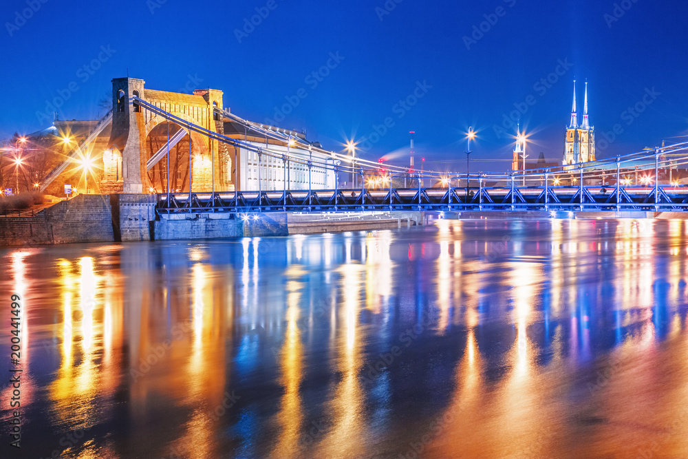 Famous stone cable-stayed Grunwaldzki Bridge in Wroclaw, Poland, Europe ...