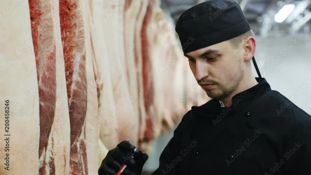portrait of man butcher measuring pork temperature in the refrigerator ...