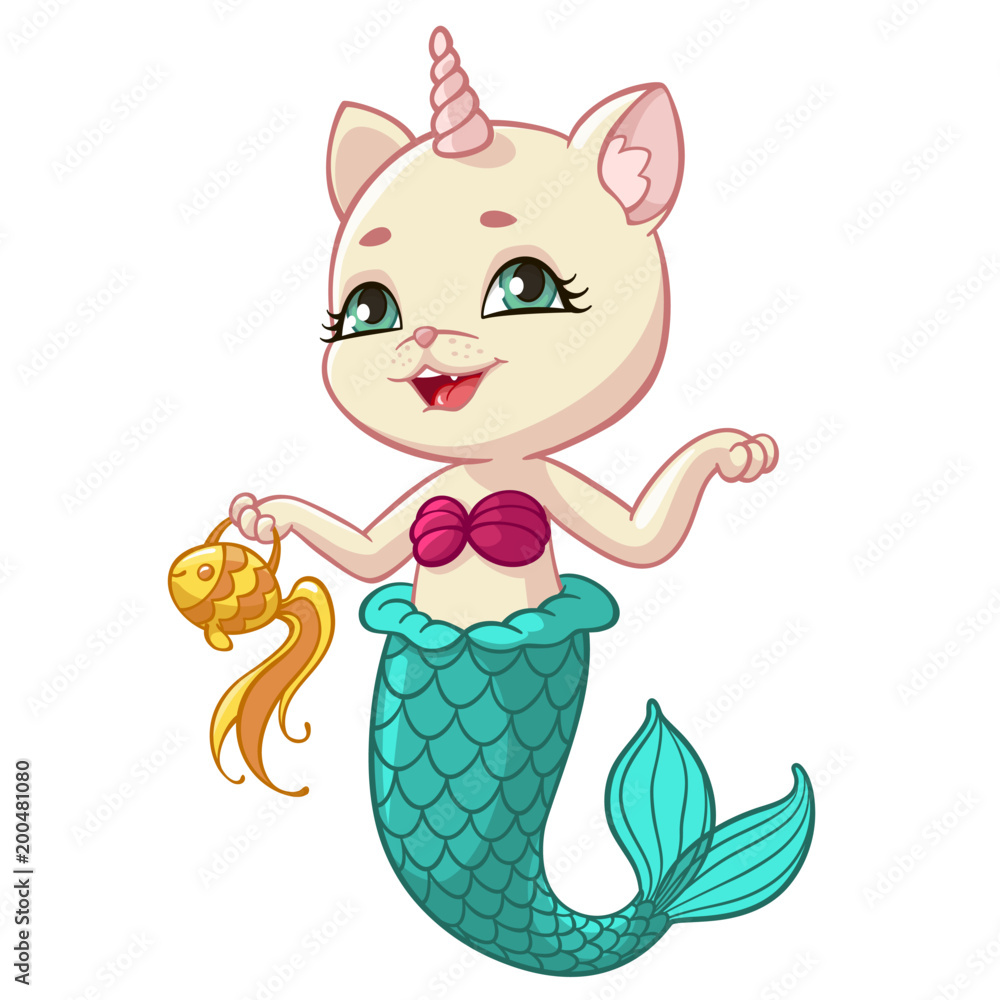 Cartoon kitty mermaid or unicorn vector illustration for kid Happy ...