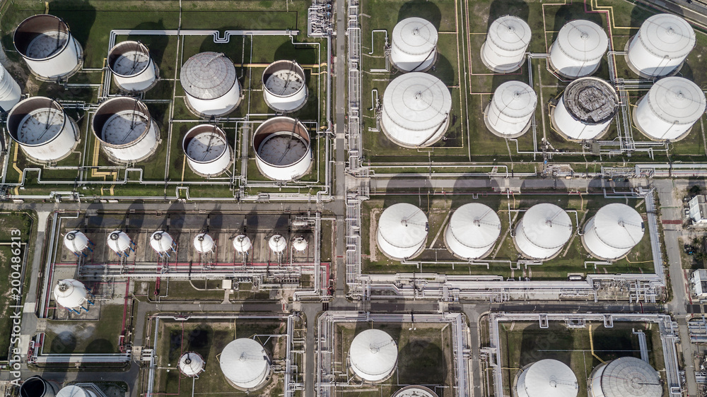 Aerial view white fuel storage tank in oil refinery plant, Top view ...