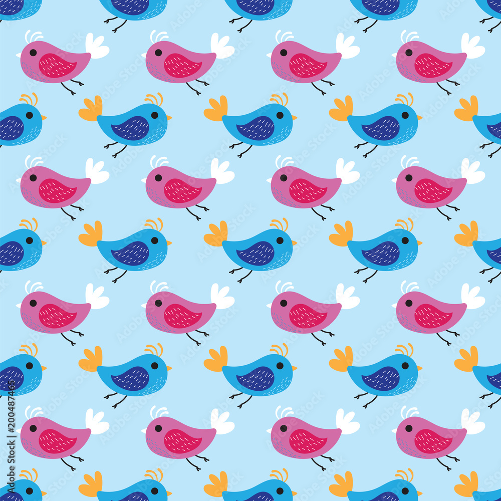 Pink and blue birds pattern background. Seamless pattern colored birds ...