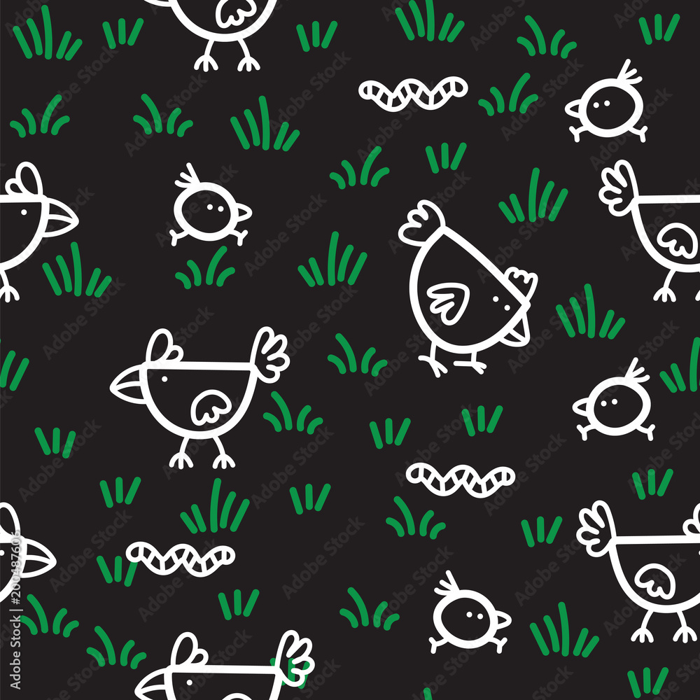 Pattern chickens walking on green grass and pecking worms on black ...