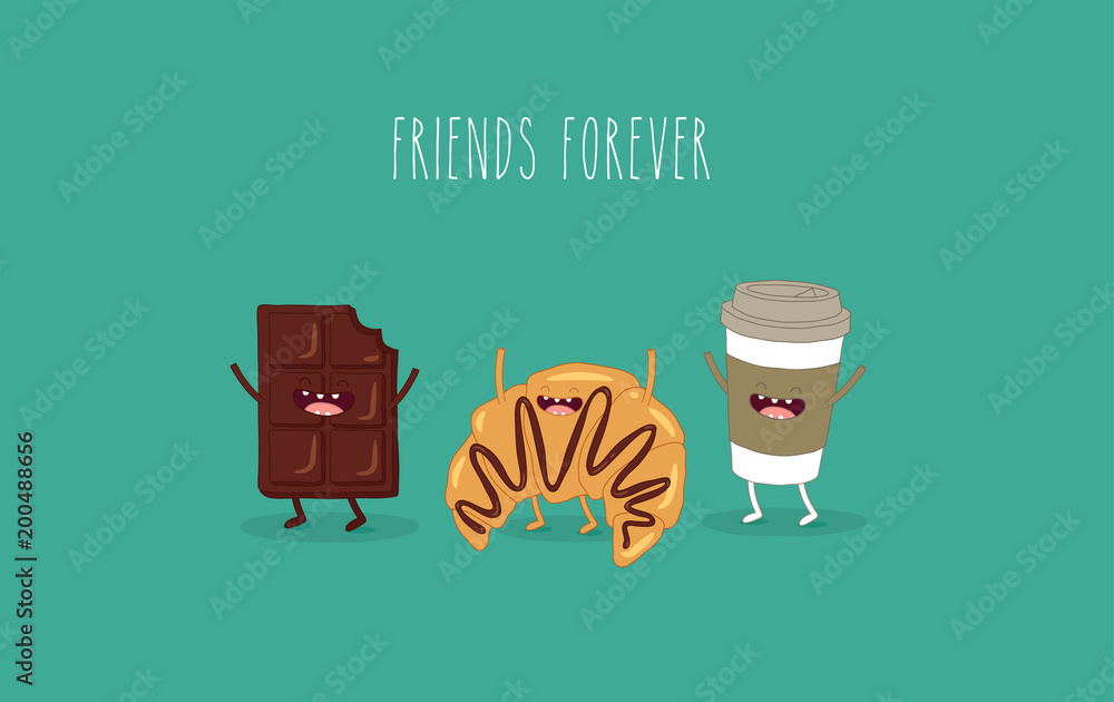 This is a vector illustration. The bar of chocolate, croissant and cup ...